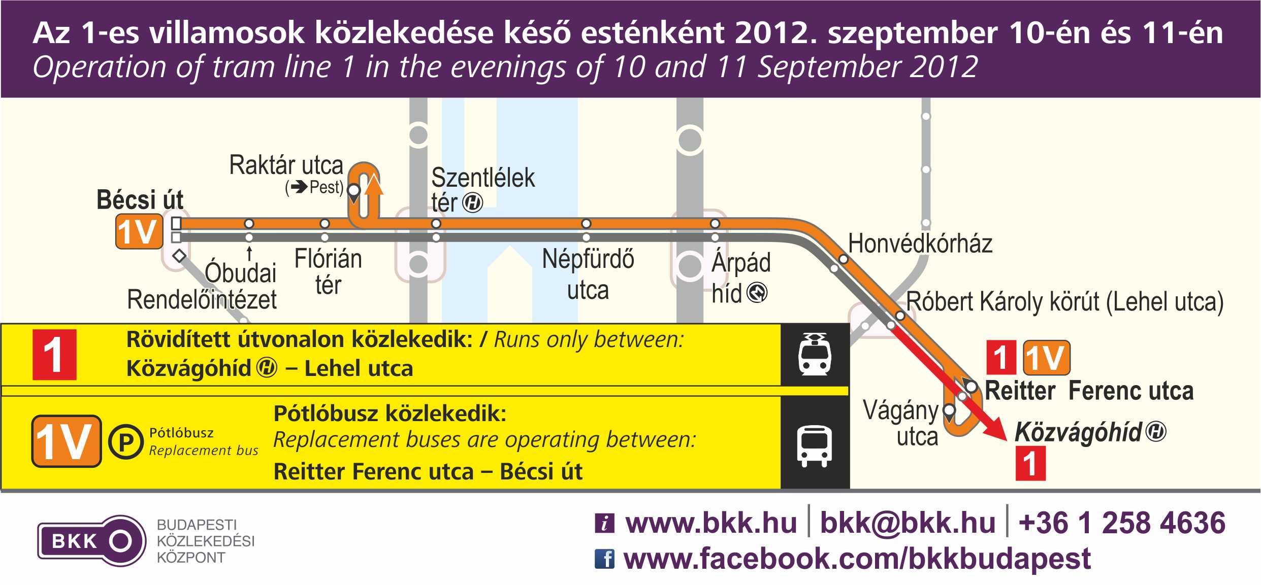 Szeptember 10-én és 11-én este csak a Közvágóhíd H és a Lehel utca között jár az 1-es villamos ...