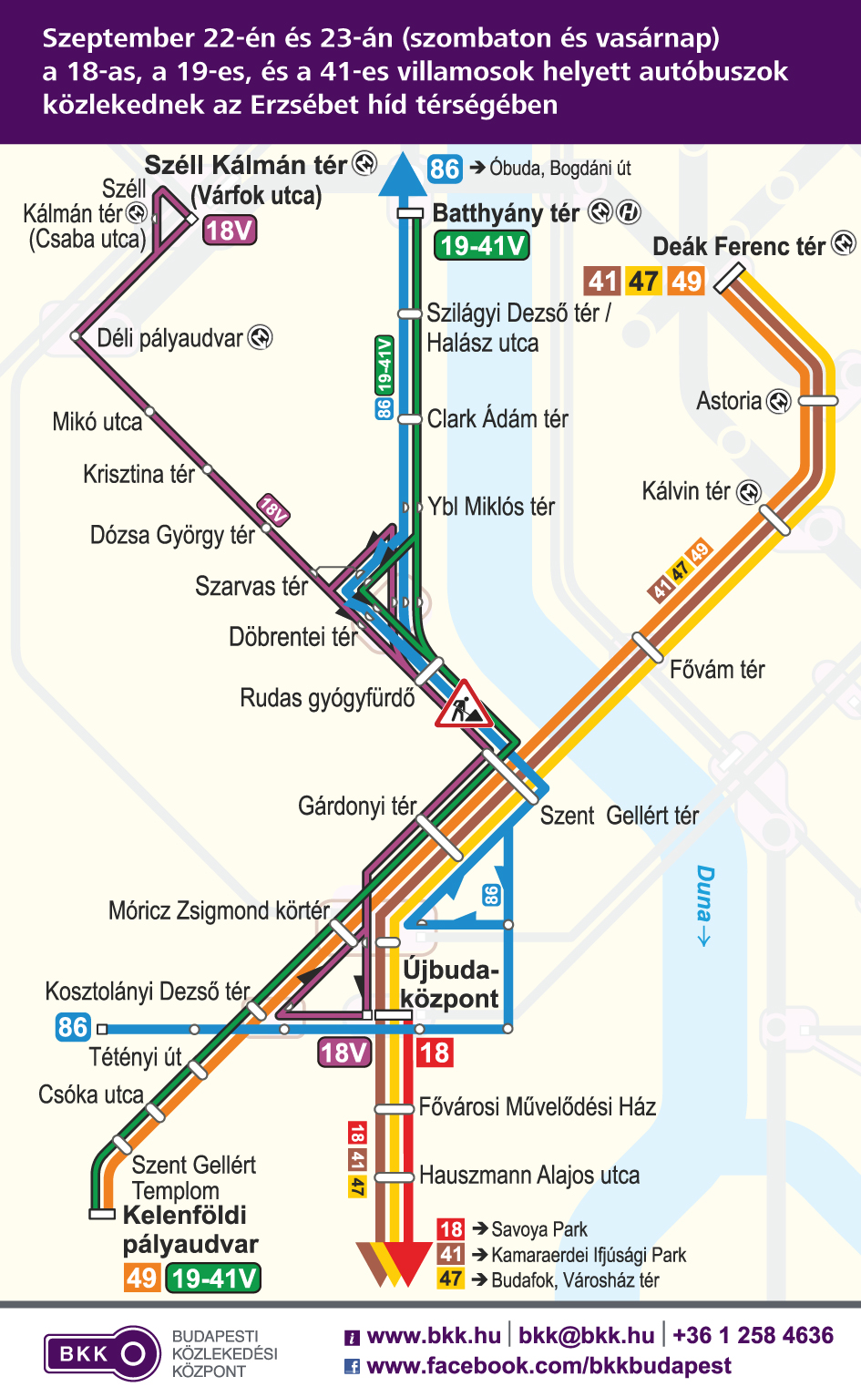Hétvégén a 18-as, a 19-es, és a 41-es villamosok helyett autóbuszok közlekednek az Erzsébet híd ...